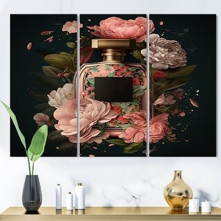 Designart "Elegant Floral Perfume Bottle I" Fashion Perfume Canvas Art Print - 3 Panels - Bed ...